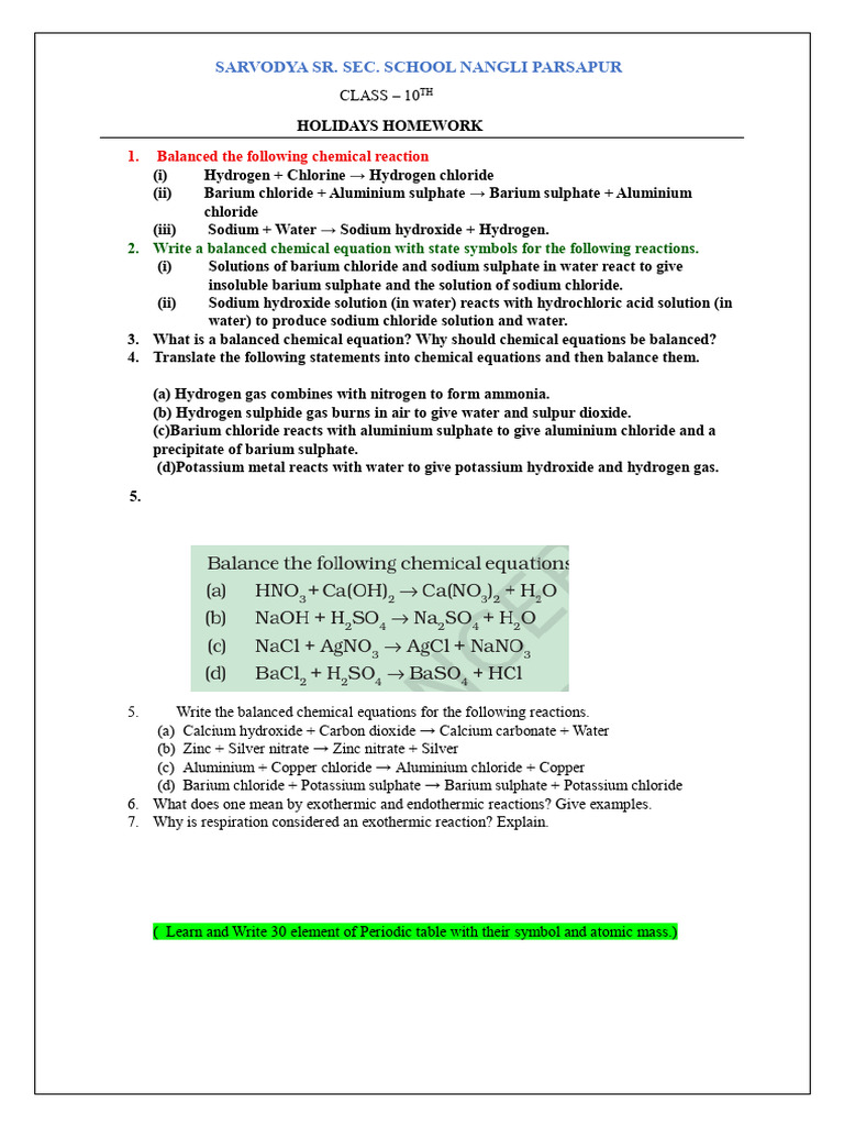 Chemistry Extra Holidays Homework | PDF