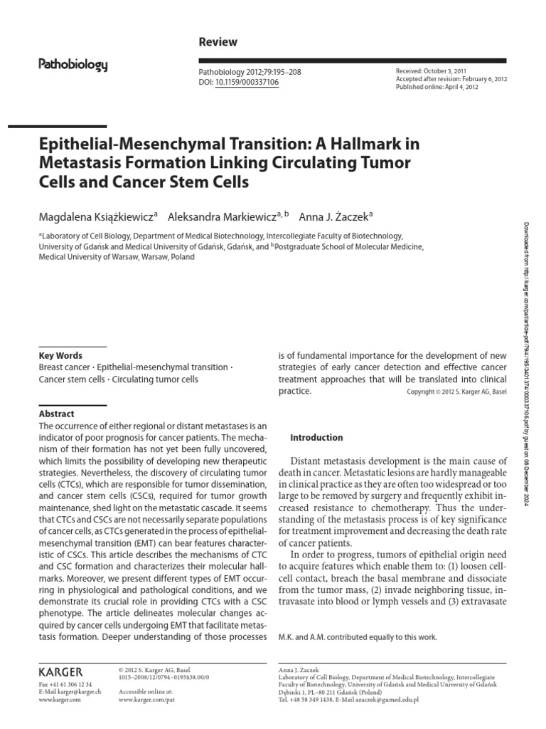 Epithelial-Mesenchymal Transition - A Hallmark in Metastasis Formation ...