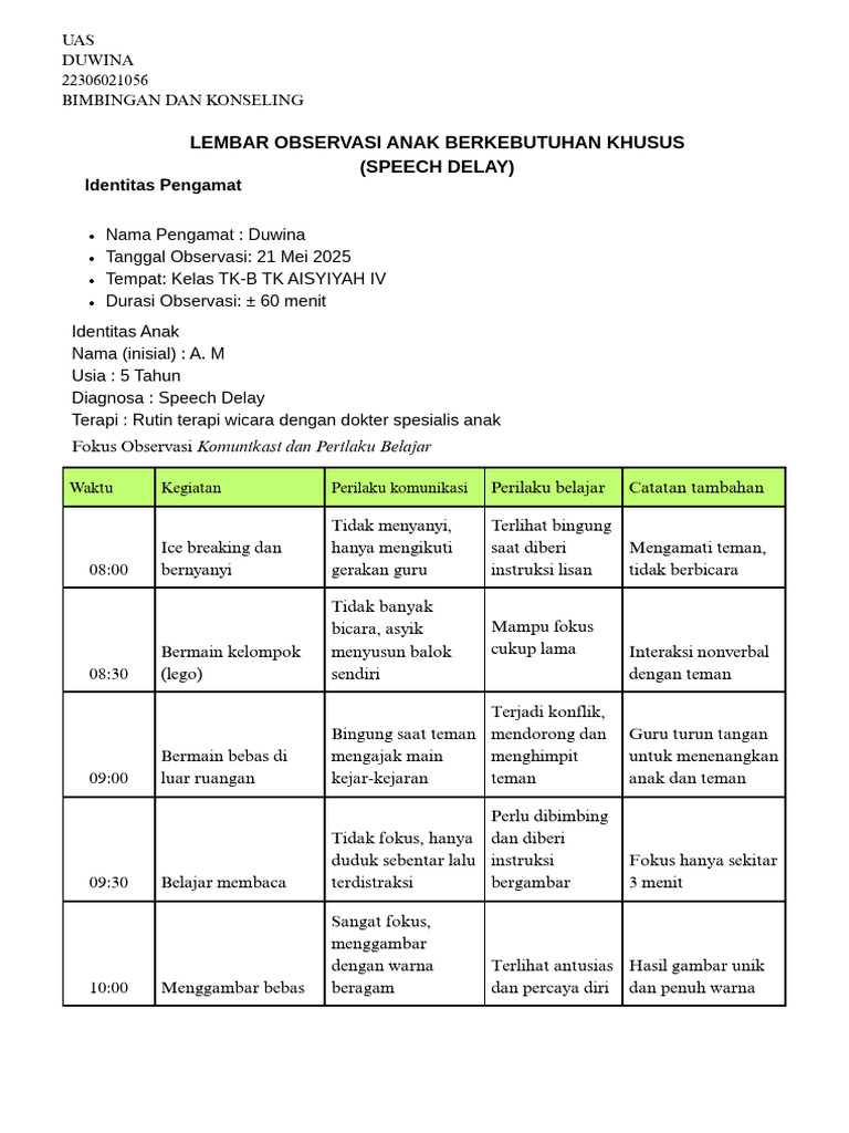 Lembar Observasi Anak Berkebutuhan Khusus (Speech Delay) | PDF
