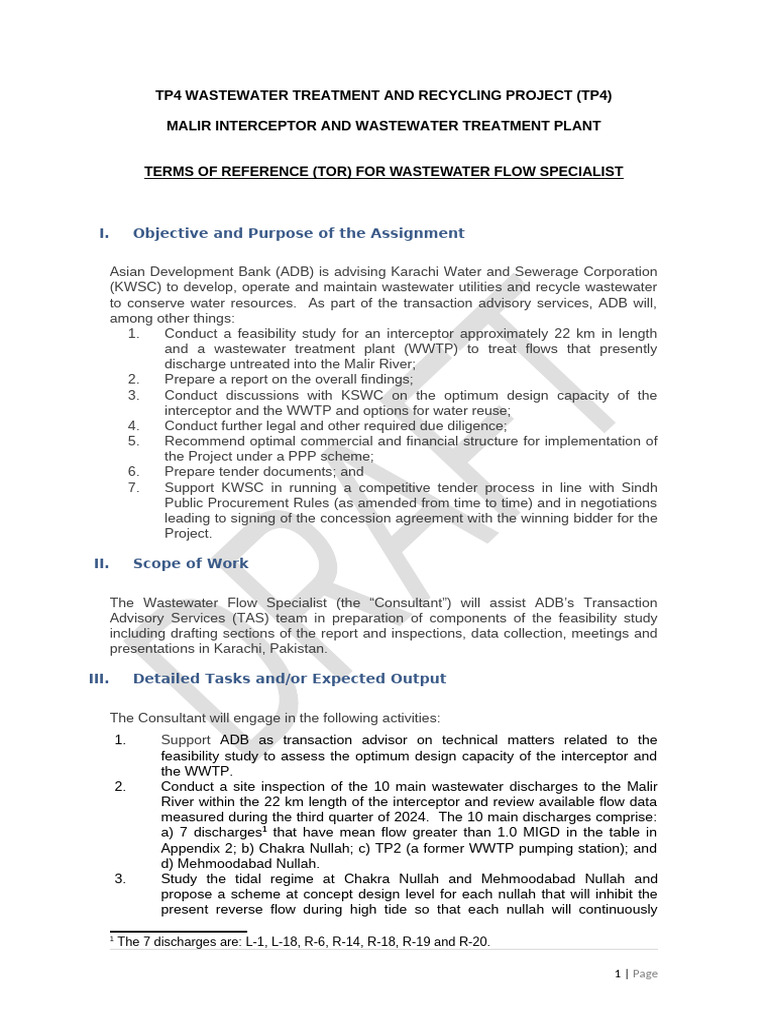 DRAFT TP4 Feasibility Study TOR 05 May 2025 | PDF | Sewage Treatment | Discharge (Hydrology)
