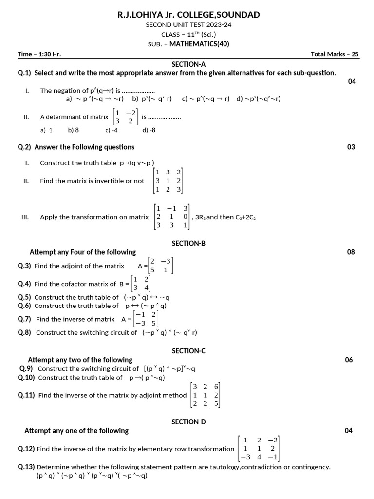 11th Second Unit Test Maths | PDF | Matrix (Mathematics) | Functions ...