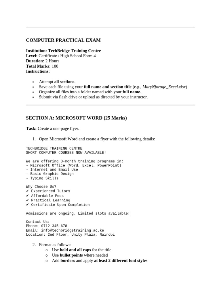 Computer Practical Exam Certificate High School Form 4 | PDF | Microsoft Excel | Microsoft Word