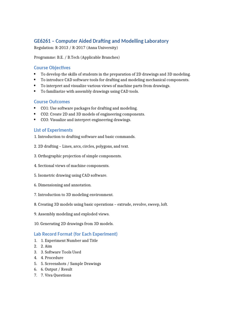 GE6261 CAD Modelling Lab Manual | PDF