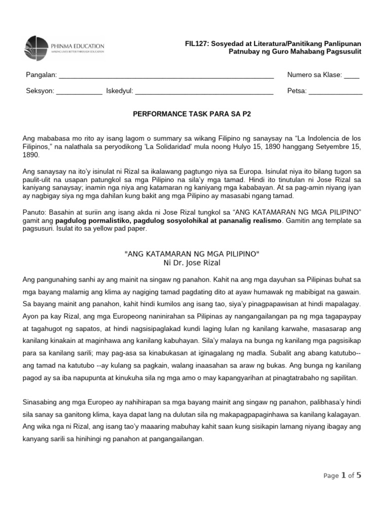 Ang Katamaran Ng Mga Pilipino Ni Jose Rizal p2 Performance Task | PDF