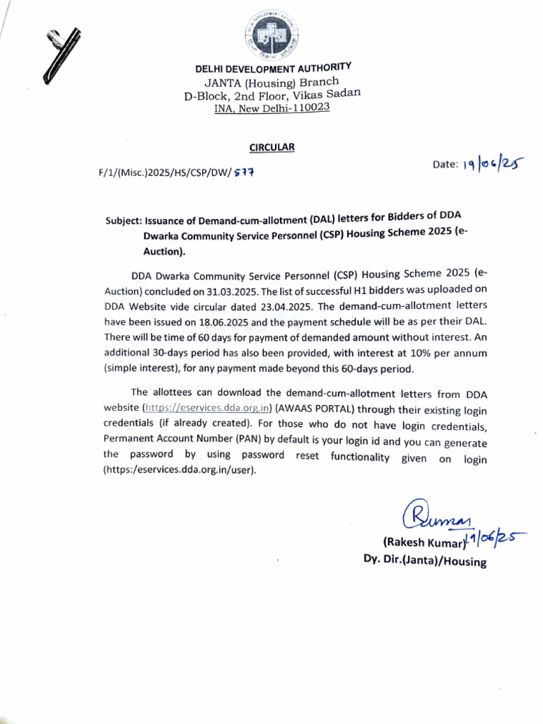 DDA Demand Letters for CSP Housing 2025 | PDF