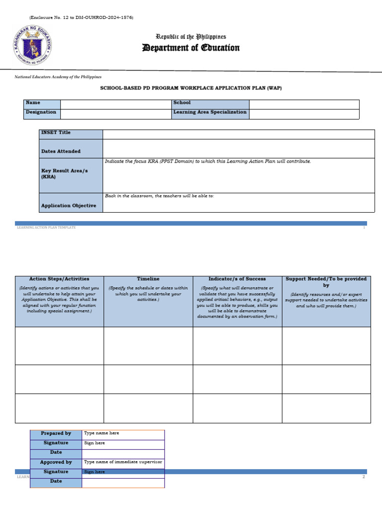 Enclosure No. 12 PD Program Workplace Application Plan Template2 | PDF | Learning