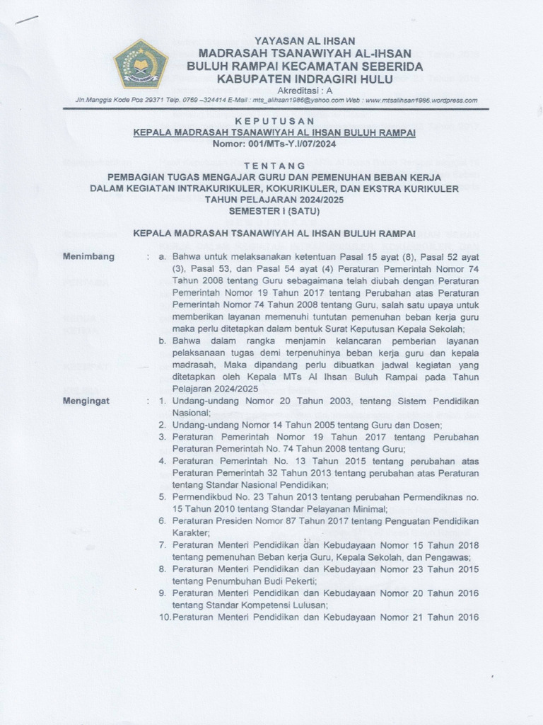 SK Pembagian Tugas 2024-2025 Ganjil | PDF