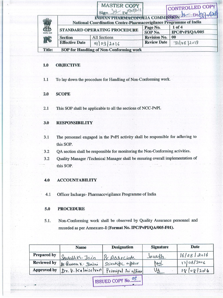 SOP QA005 SOP For Handling of Non Conforming Work | PDF