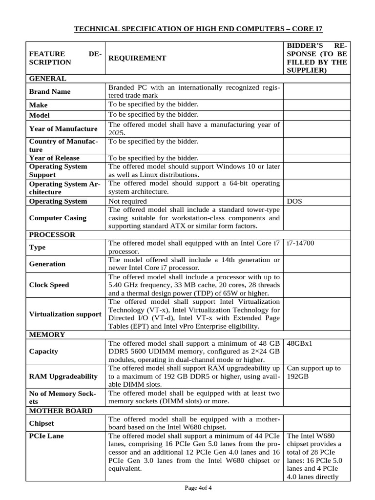 Specification Purchase of High-End Computers (Core I7) Uff | PDF | Usb ...