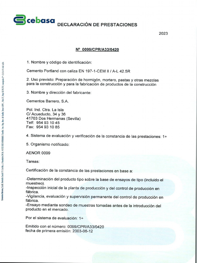 Declaración Prestaciones - 42.5r | PDF