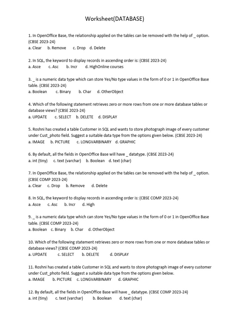 Database Worksheet (Class10) | PDF | Databases | Relational Database