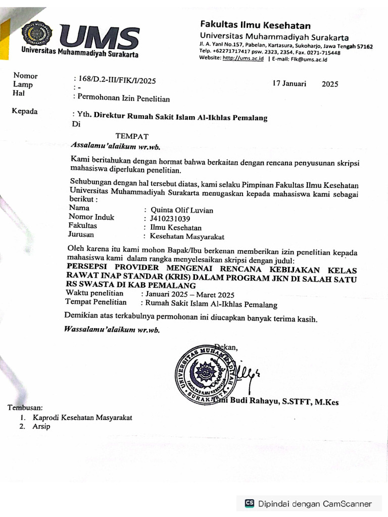 Surat Permohonan Ijin Penelitian Quinta UMS | PDF