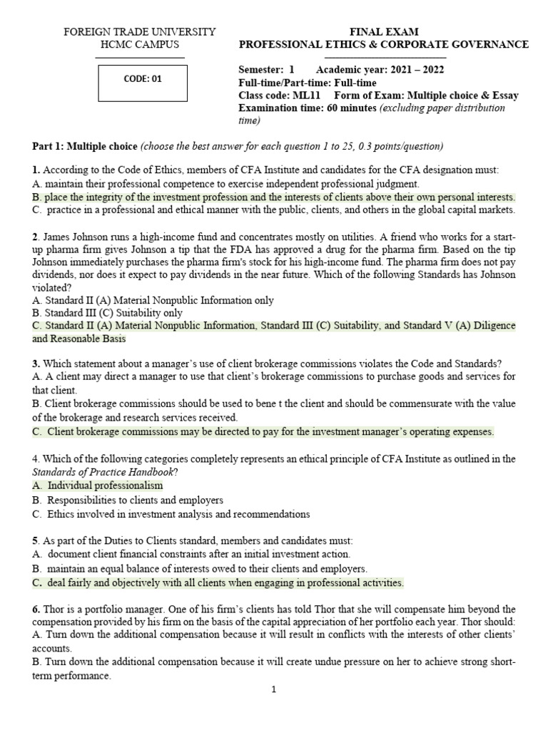 3.10 Prof Ethics Final Exam 01 | PDF | Corporate Governance | Governance