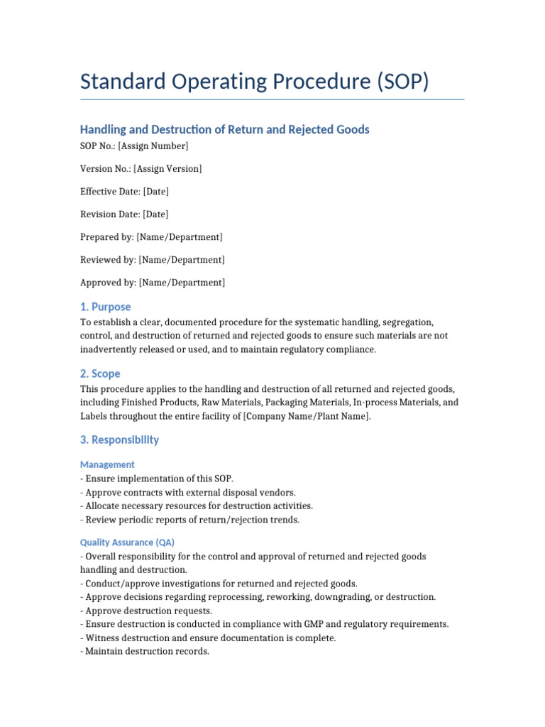 SOP for Handling Returned Goods | PDF | Quality Assurance | Warehouse