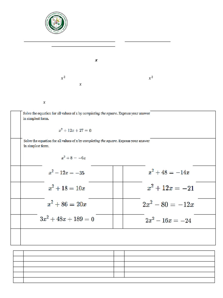 Problem Set 4 - Quadratic Equations - Completing The Square | PDF