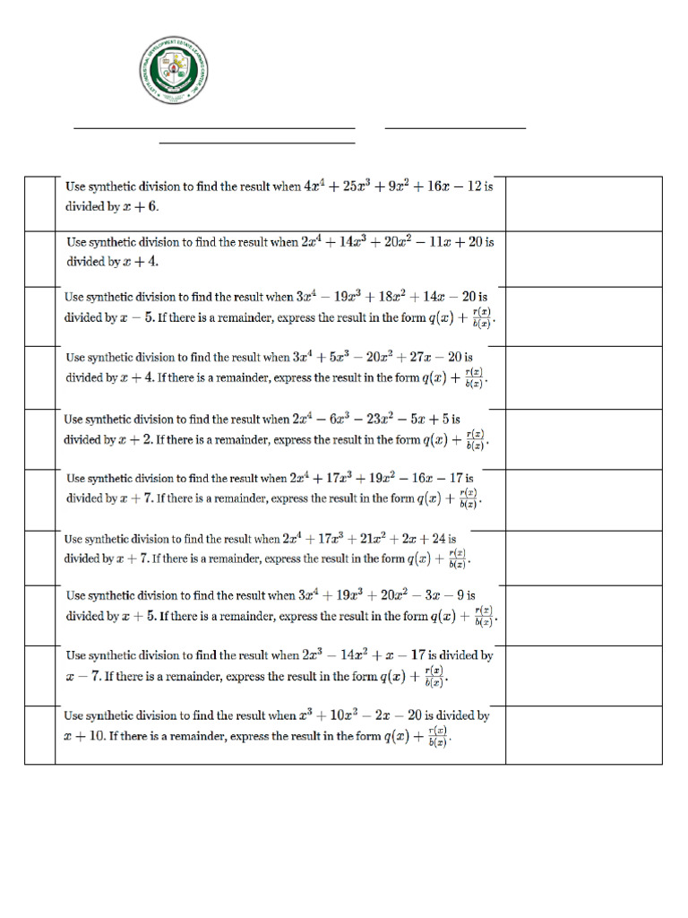 Summer Bridge Math Program: Synthetic Division | PDF