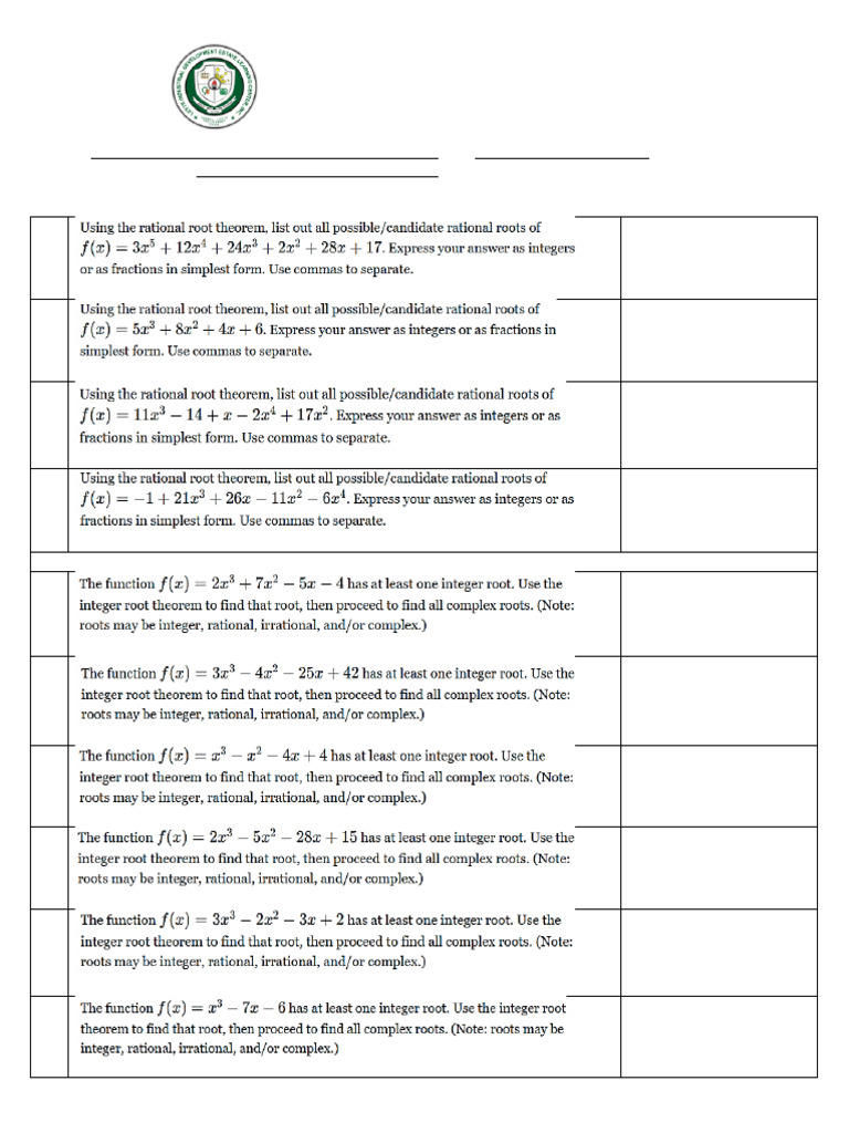 Problem Set 9 and 10 - Rational Root Theorem and Solving Cubic ...