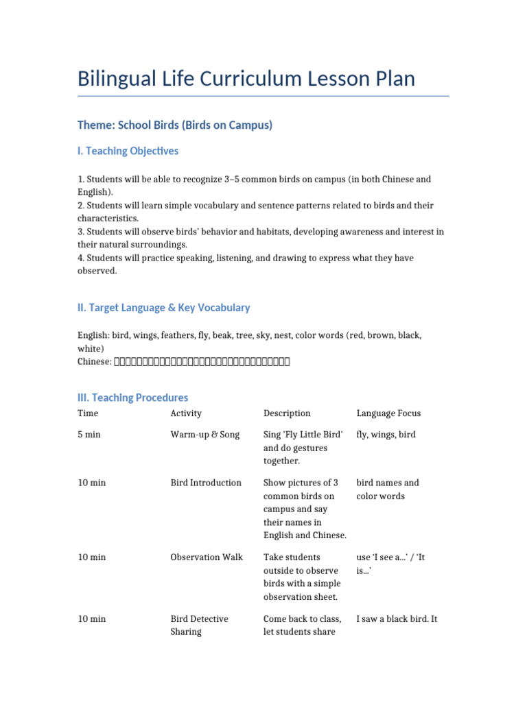 Bilingual Lesson Plan School Birds | PDF | Vocabulary | English Language