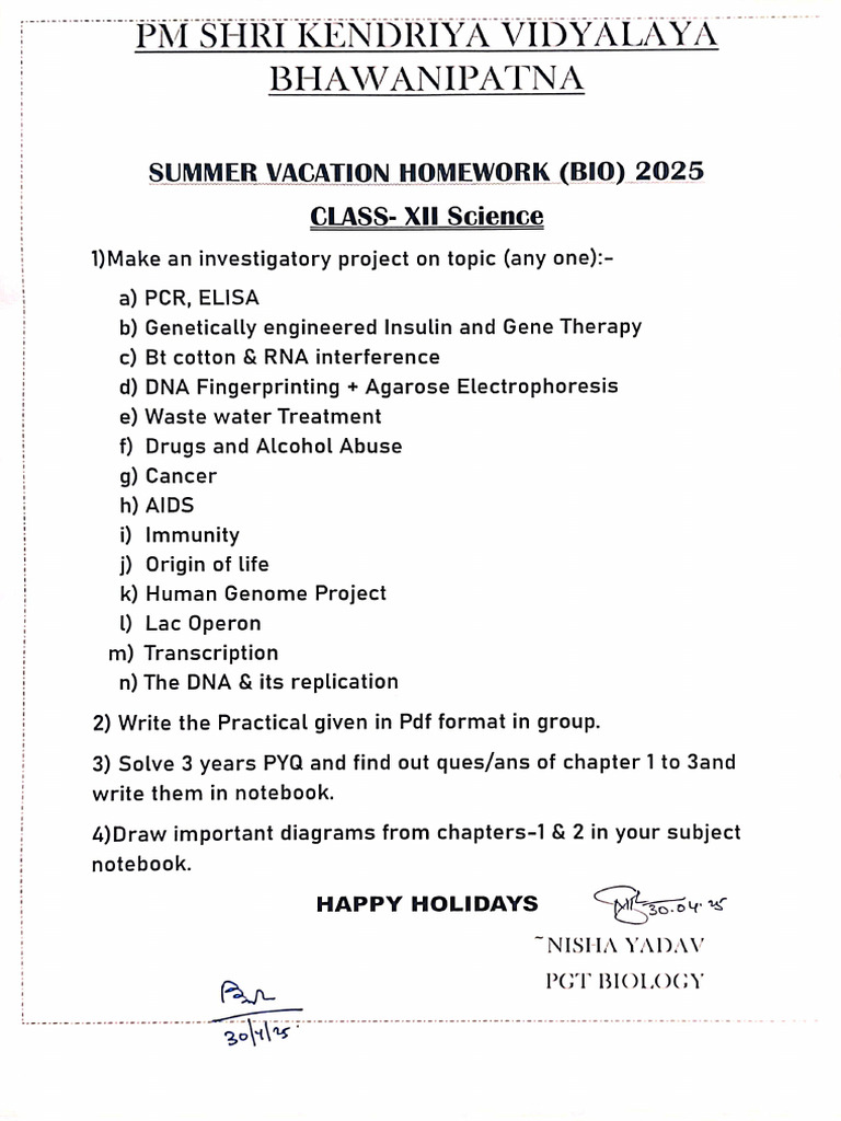 Class XII Bio Summer Vacation HHW | PDF