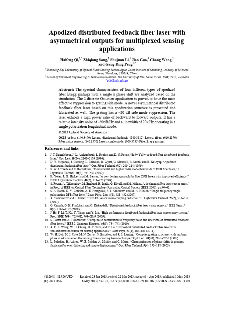 Apodized Distributed Feedback Fiber Laser With Asymmetrical Outputs For ...