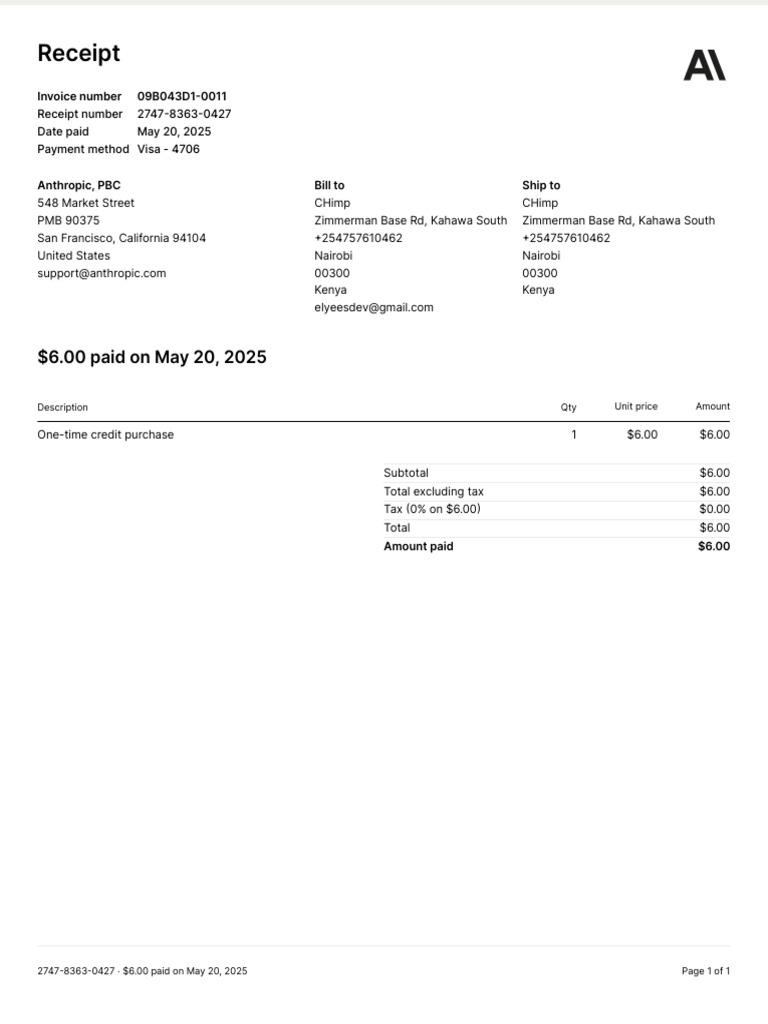 Receipt for $6.00 Payment to Anthropic | PDF