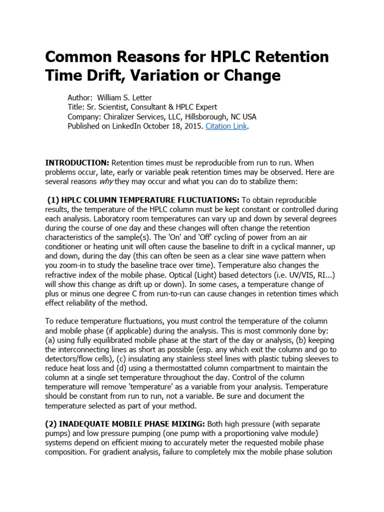 HPLC Retention Time Drift Causes | PDF | High Performance Liquid ...