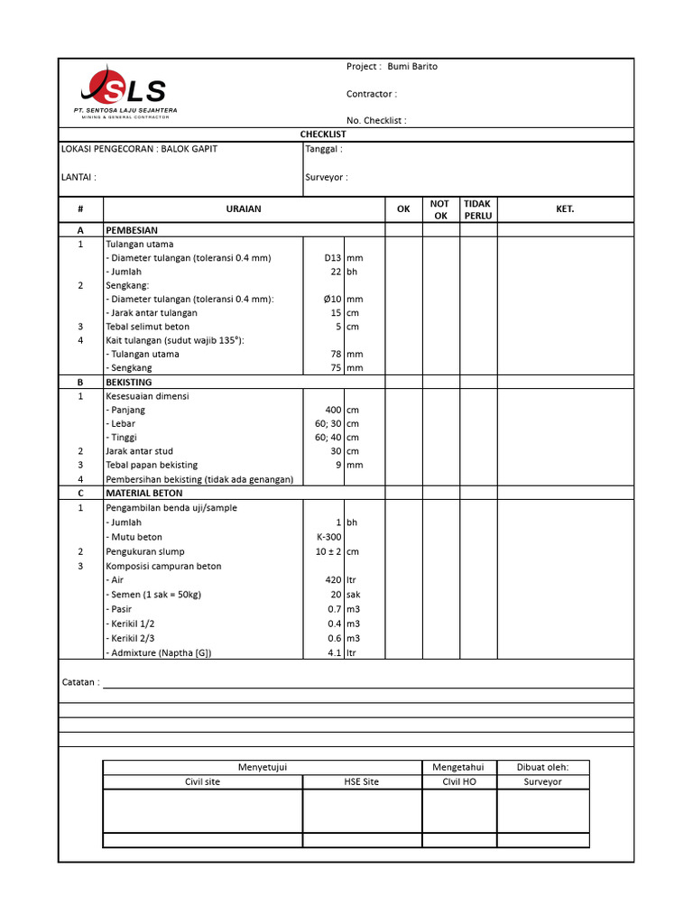 Checklist Pekerjaan - Balok Gapit | PDF