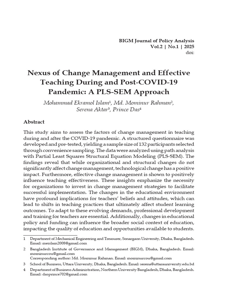 Nexus of Change Management and Effective Teaching During and Post-COVID-19 Pandemic: A PLS-SEM ...