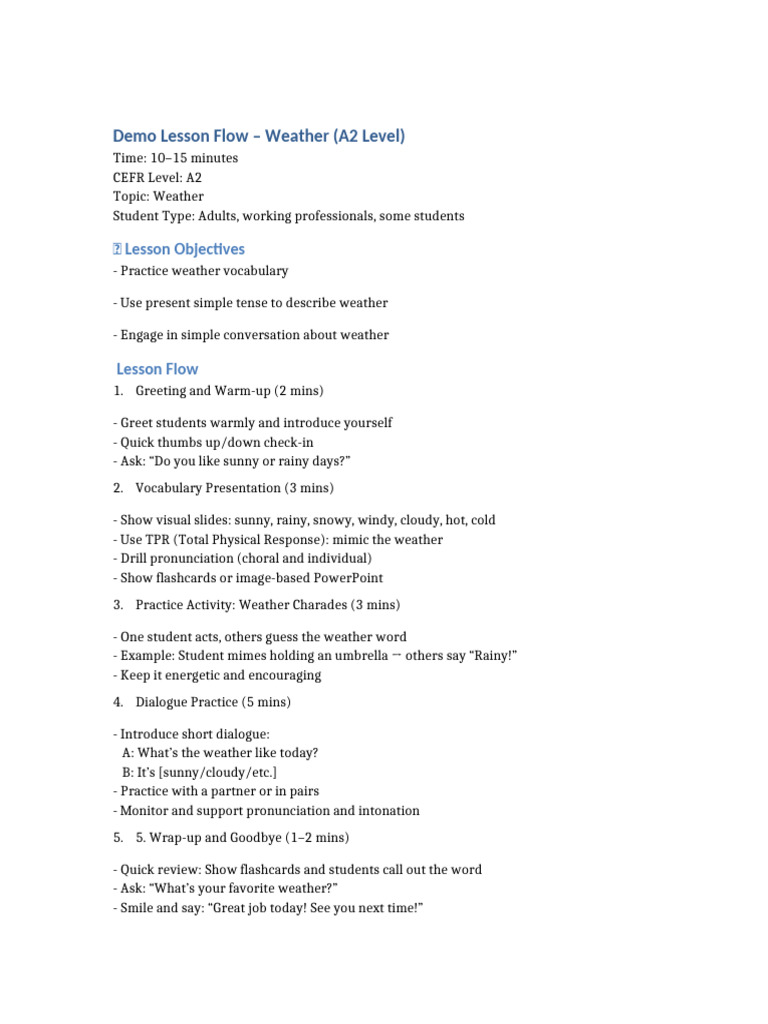 Demo Lesson Flow Weather A2 | PDF