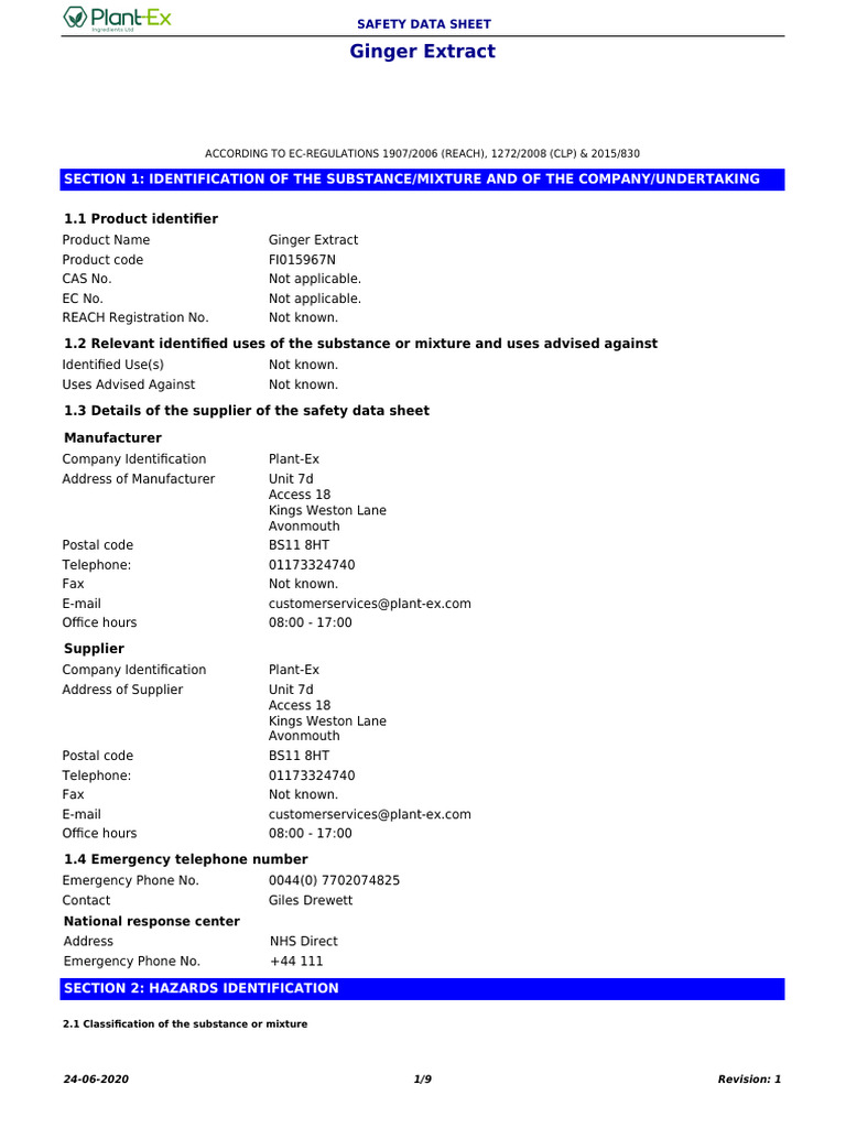 Ginger Extract Safety Data Sheet | PDF | Occupational Safety And Health ...