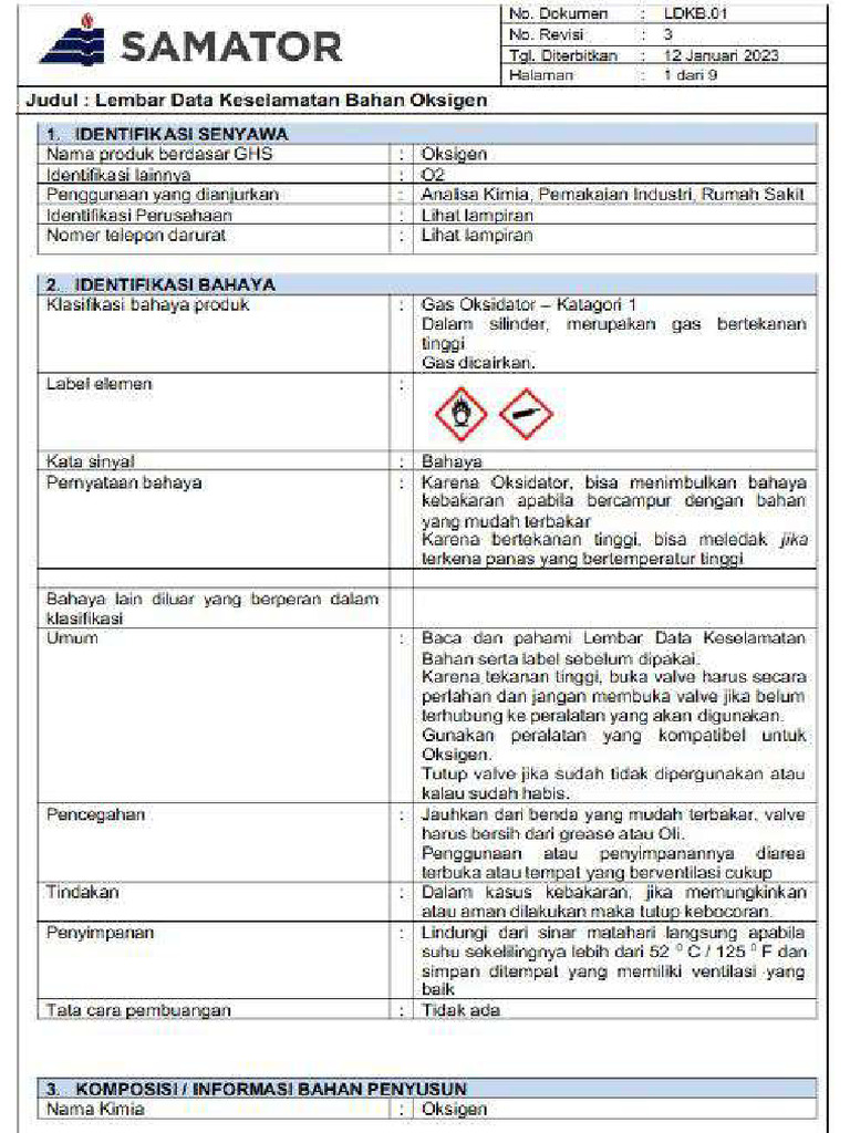 MSDS Oxygen Samator | PDF