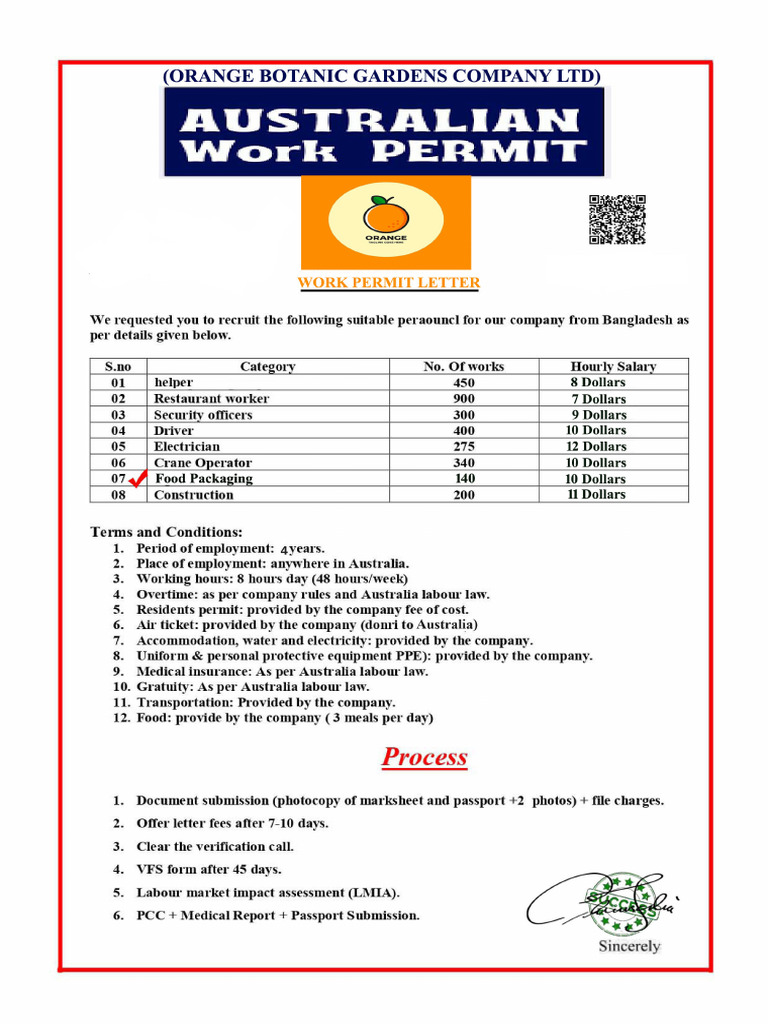 MST Shubash Orange Botanic Gardens Company Work Permit Form - Australia ...