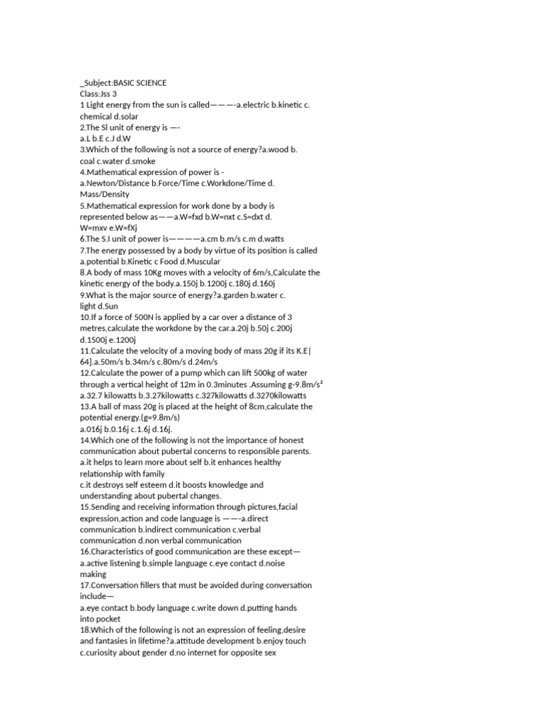 Jss3 Exam Basic Science | PDF | Communication | Kinetic Energy