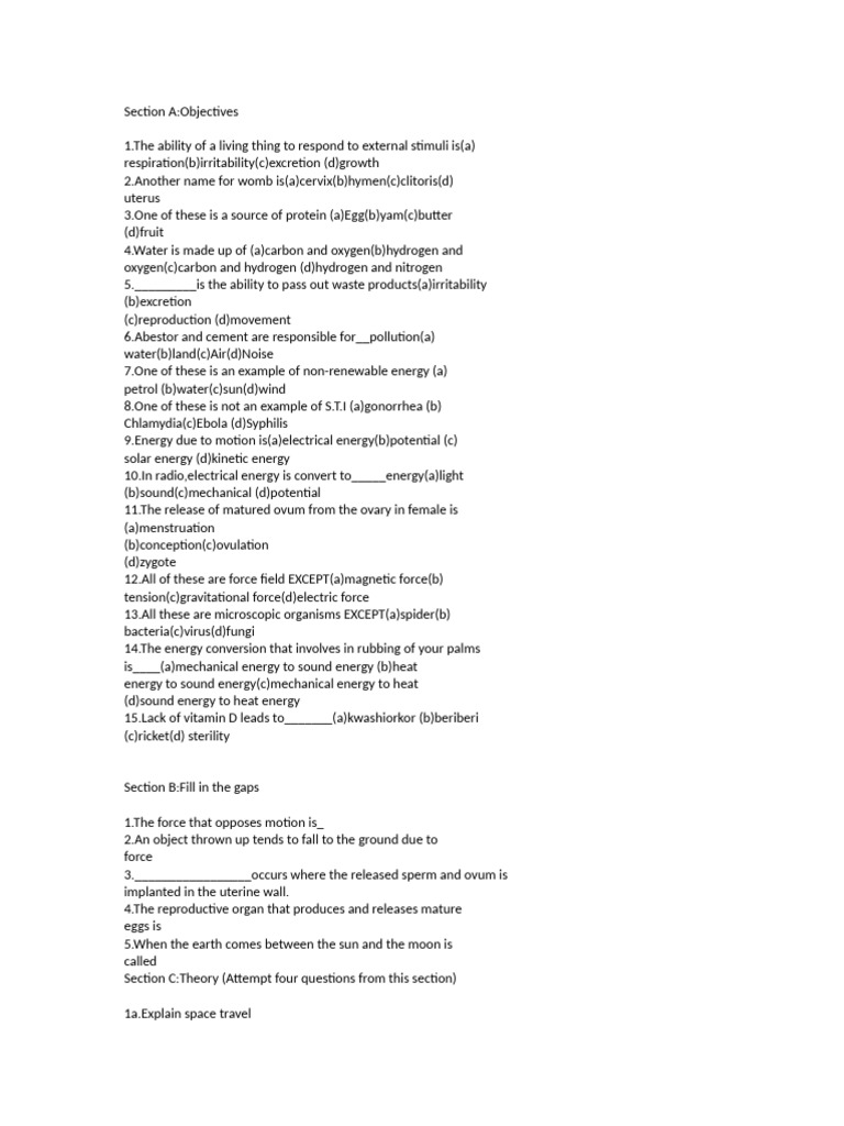 Jss1 Basic Science Exam | PDF | Force | Uterus