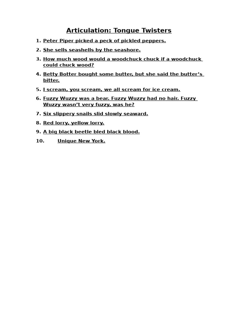 Tongue Twisters | PDF