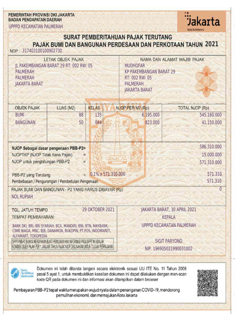 Pembayaran Pajak Bumi dan Bangunan 2021 | PDF