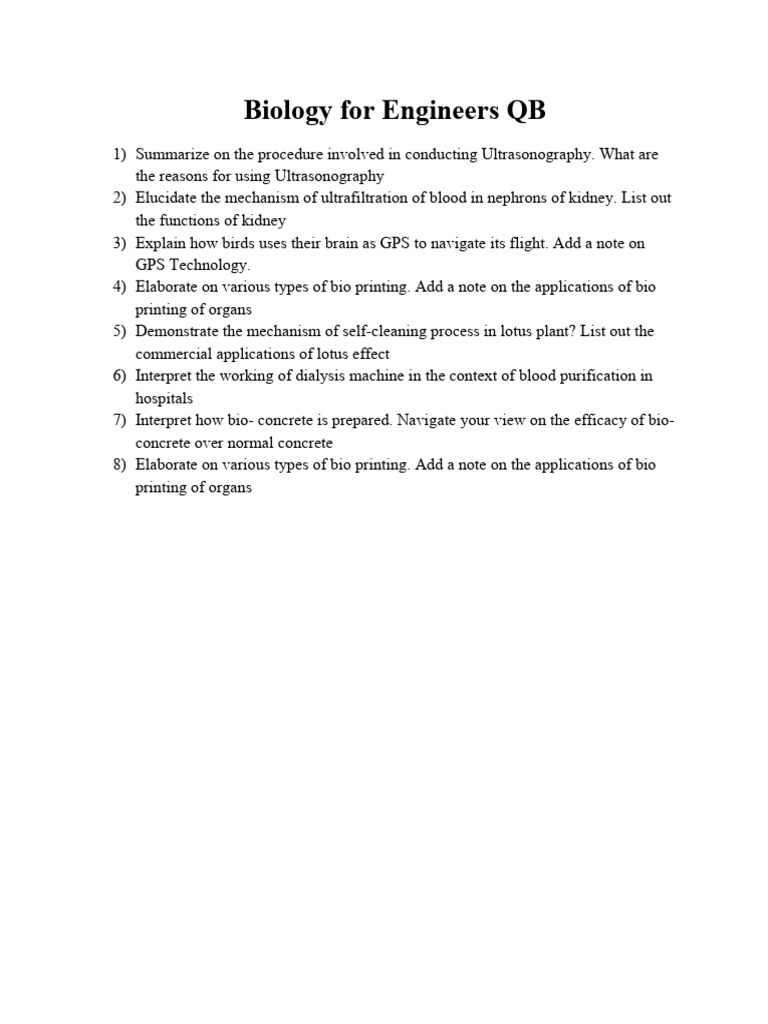 Biology For Engineers CIE-2 QB | PDF