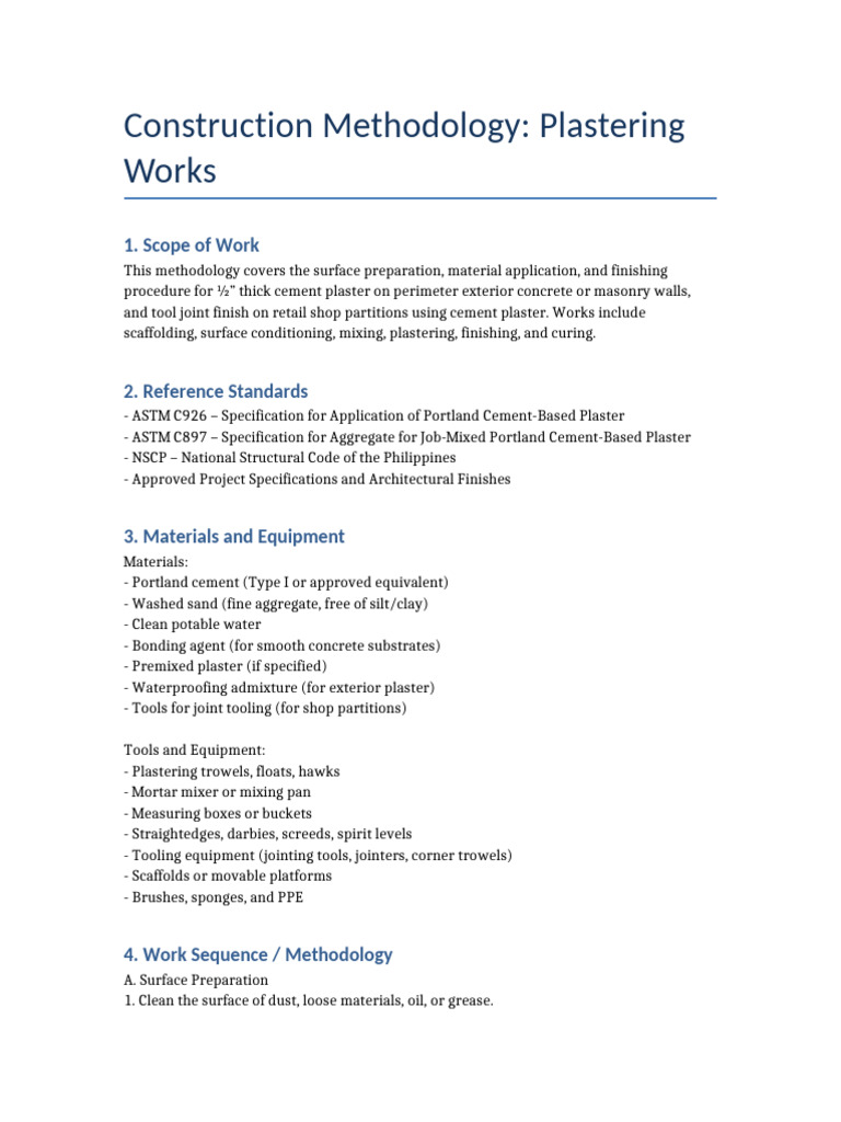 Plastering Works Methodology | PDF | Concrete | Plaster