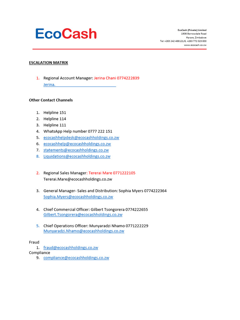 Escalation Matrix Channel HarareS | PDF