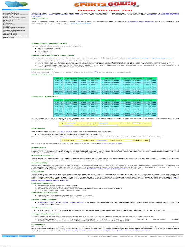 Cooper Test - 12 Minute Run To Assess Your Vo2max | PDF
