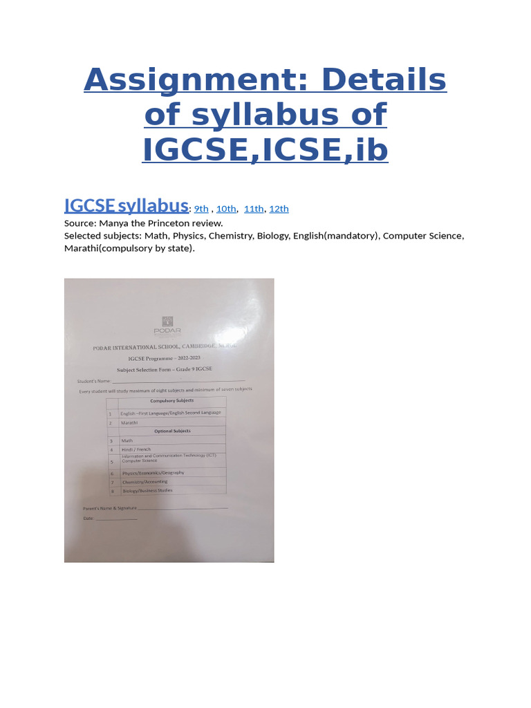IGCSE, ICSE, and IB Syllabus Overview | PDF