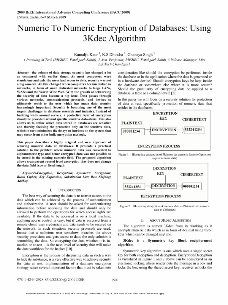 Numeric To Numeric Encryption of Databases Using 3kDES Algorithm | PDF ...