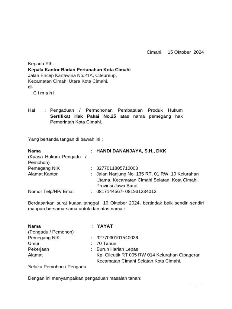 Surat Pengaduan Atas SHP No. 25 Pemkot Cimahi | PDF