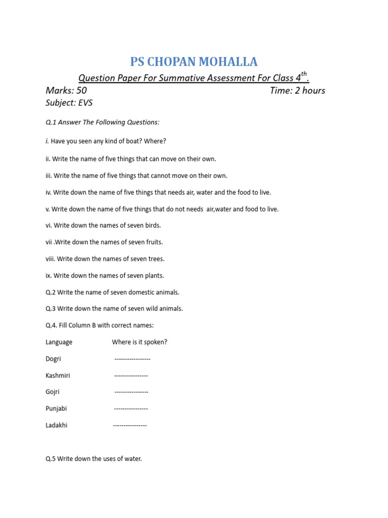 Class 4 EVS Question Paper PDF | PDF