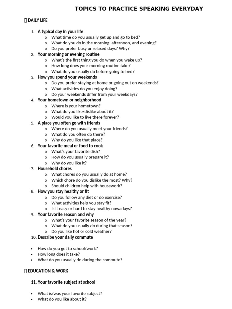 Topics To Practice Speaking Everyday | PDF