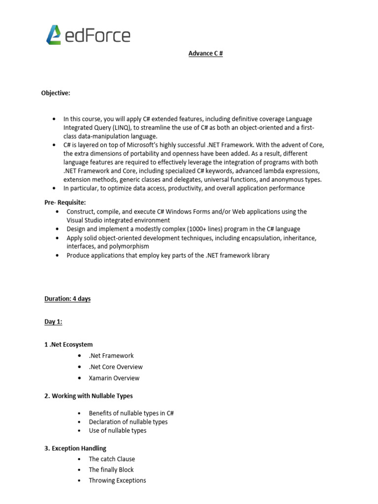 TOC - Advance Csharp - 4 Days | PDF | C Sharp (Programming Language) | Anonymous Function