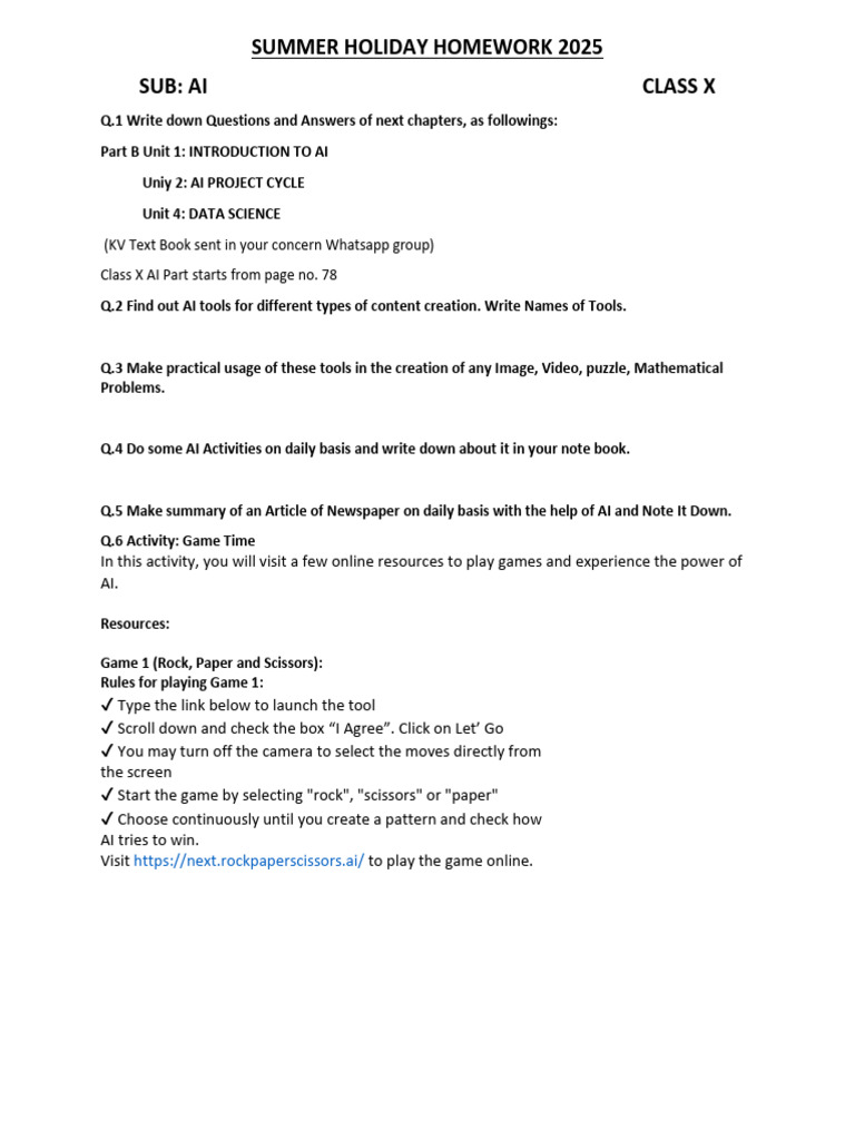 AI Summer Homework Activities 2025 | PDF