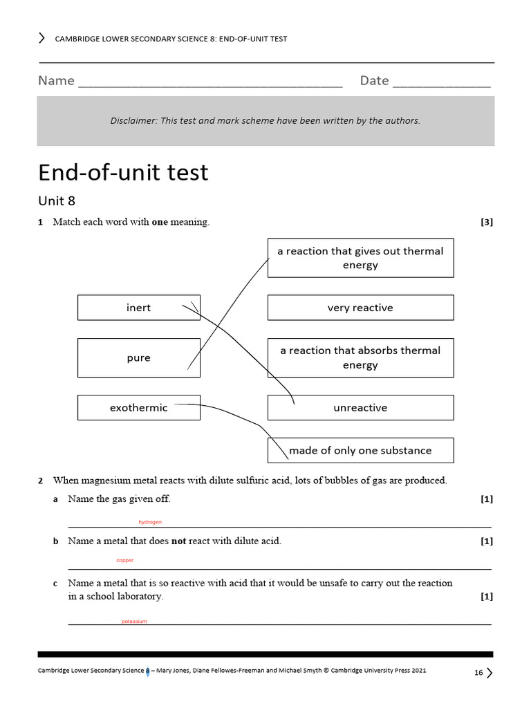 Cambridge Science 8 End-of-Unit Test | PDF | Chemical Reactions | Diet ...