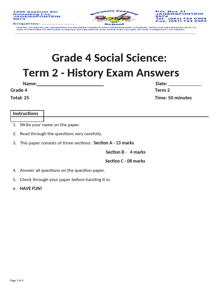 Grade-4-Social-Science-Term-2-History-Exam - Answers 2025 | PDF