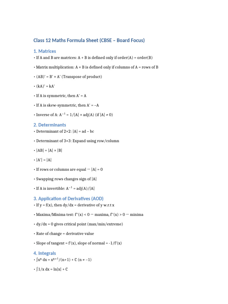 Class12 Maths FormulaSheet CBSE 2025 | PDF